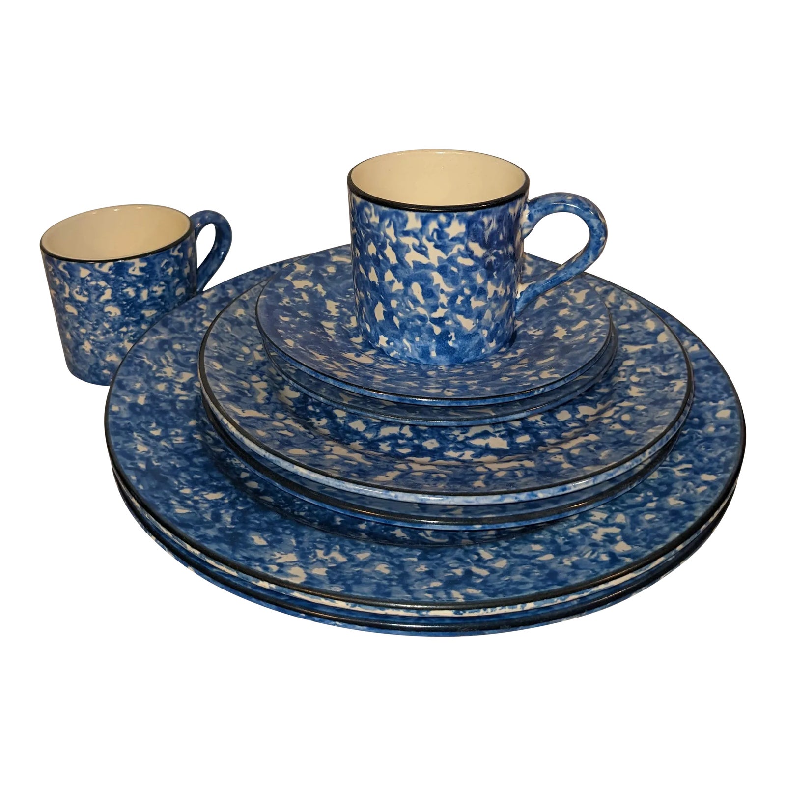 1970s Stangl Town & Country Blue Spongeware Set- 8 Pieces | Chairish