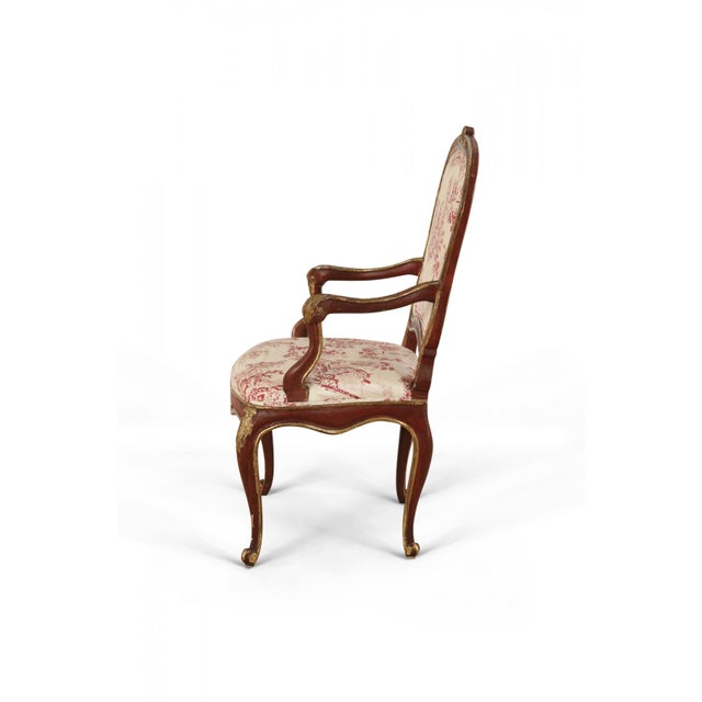 Italian Venetian Red Frame Toile Pattern Upholstered Armchairs | Chairish