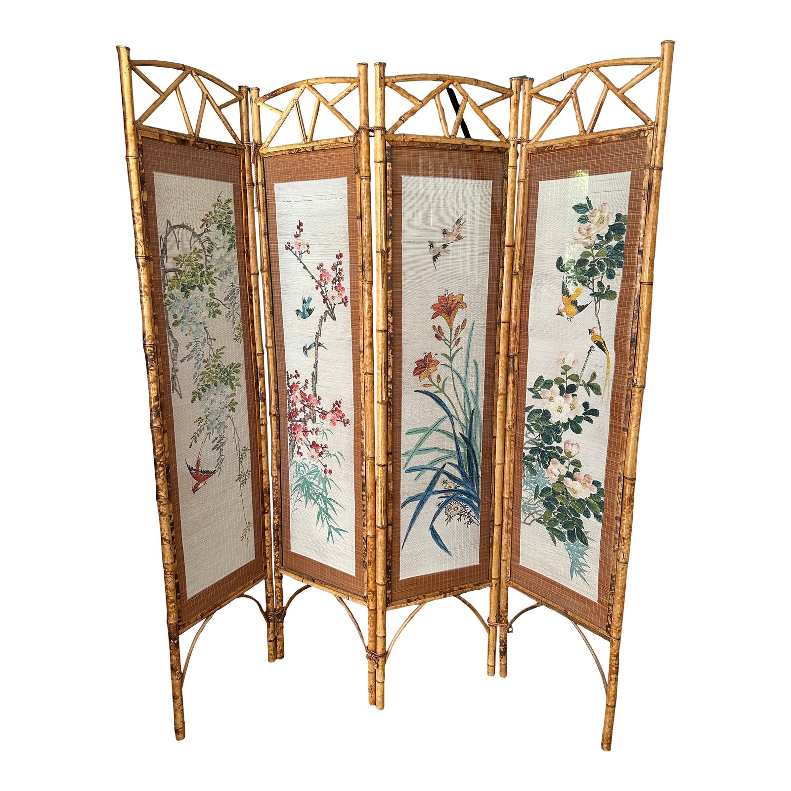 Hand Painted 4 Panel Burnt Rattan Chinese Folding Screen - Petite Scale ...