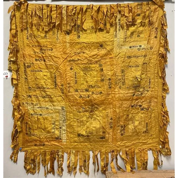 Early 20th Century Yellow Folk Art Cigar Silk Piecework Quilt | Chairish