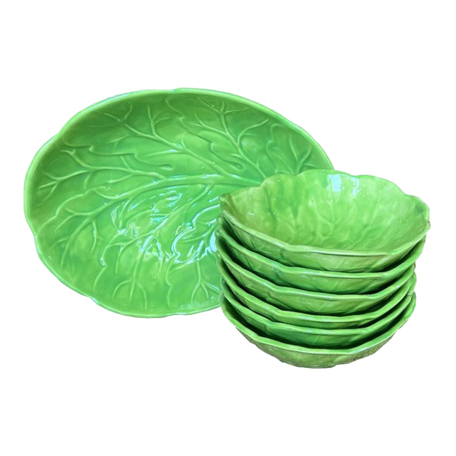 1970s Hollywood Regency Green Ceramic Cabbage Ware Serving Bowl Set- 7 ...