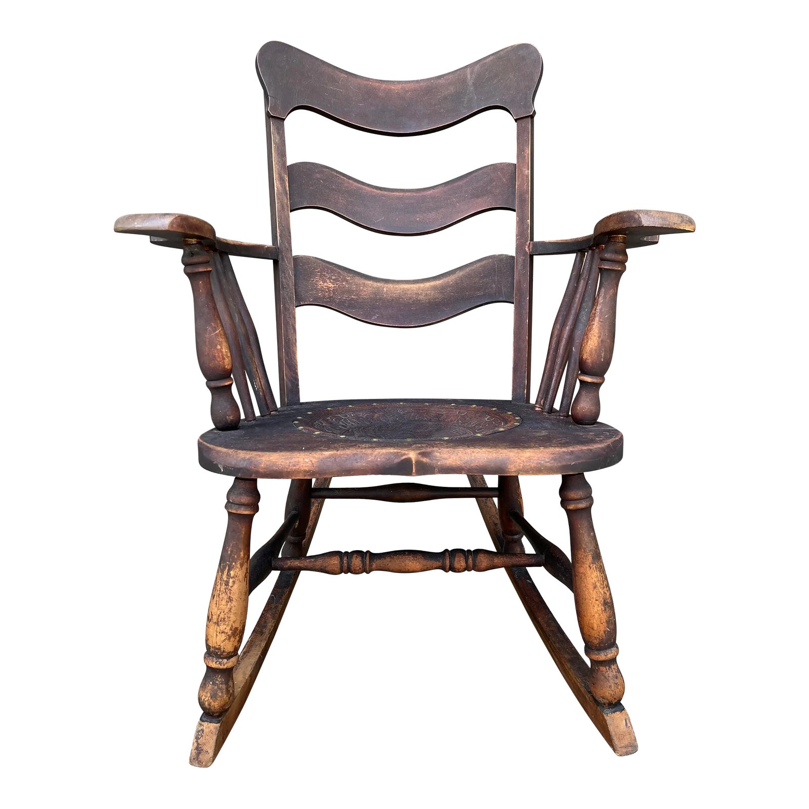 Late 19th Century Antique Stamped Leather Seat Rocking Chair | Chairish