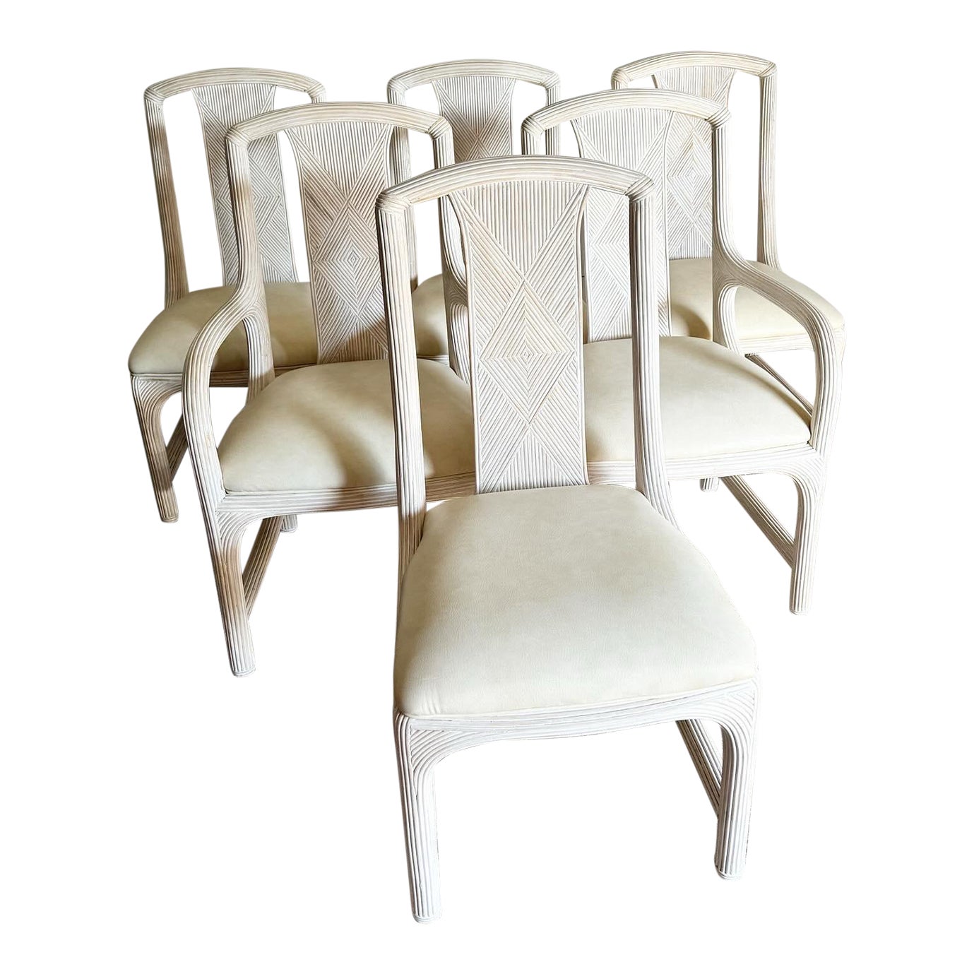 Boho Chic Pencil Reed Dining Chairs With Beige Faux Leather Seat ...