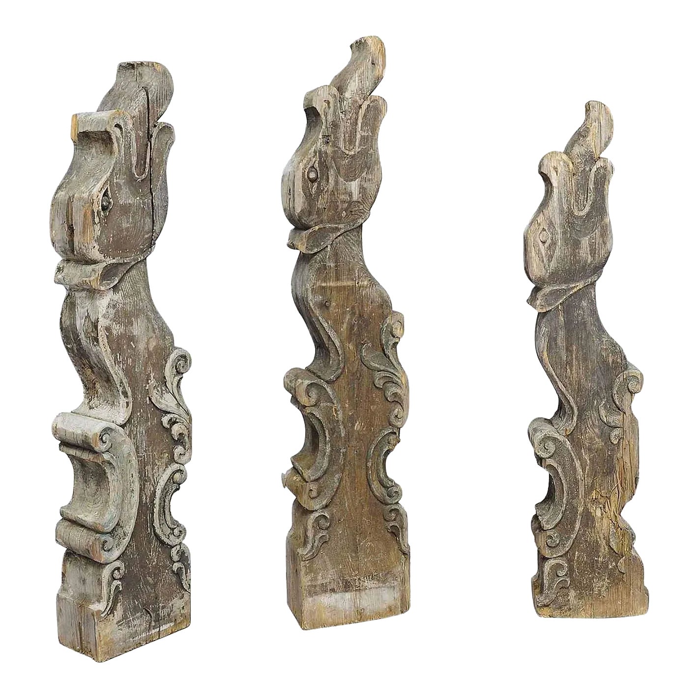 Set of Three Historical Dragon Head Wood Beams | Chairish