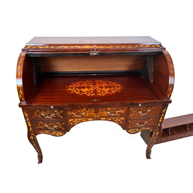 Late 19th Century Dutch Rococo Style Marquetry Cylinder Desk | Chairish