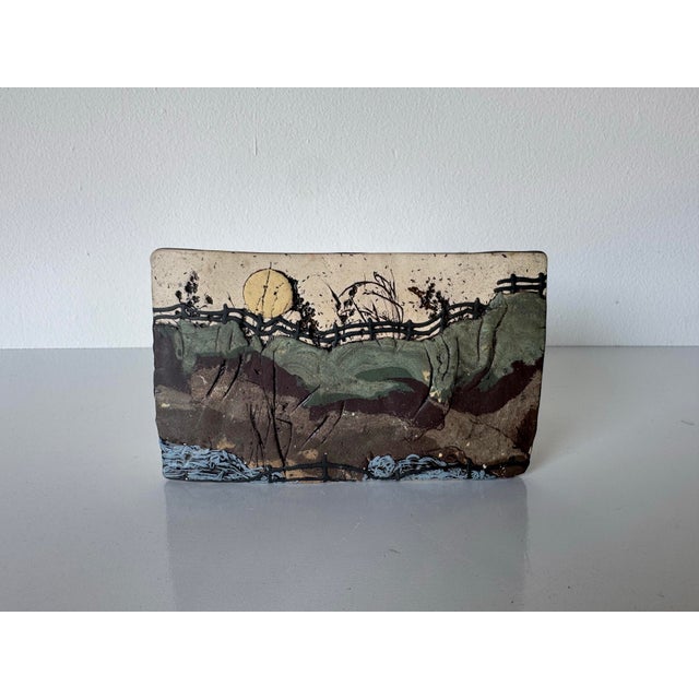 1983 Vintage Studio Pottery Landscape Design Slab Vase | Chairish