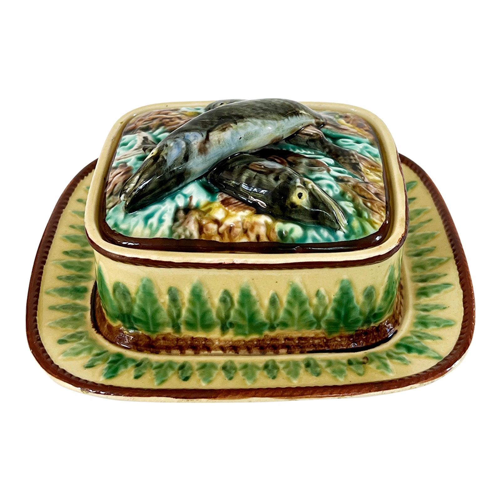 Antique 19th Century English Majolica Hand-Painted Yellow Sardine Box W ...