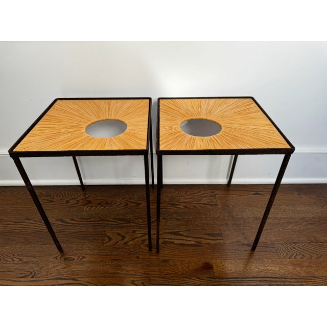 Pair of Metal and Raffia Side Tables | Chairish