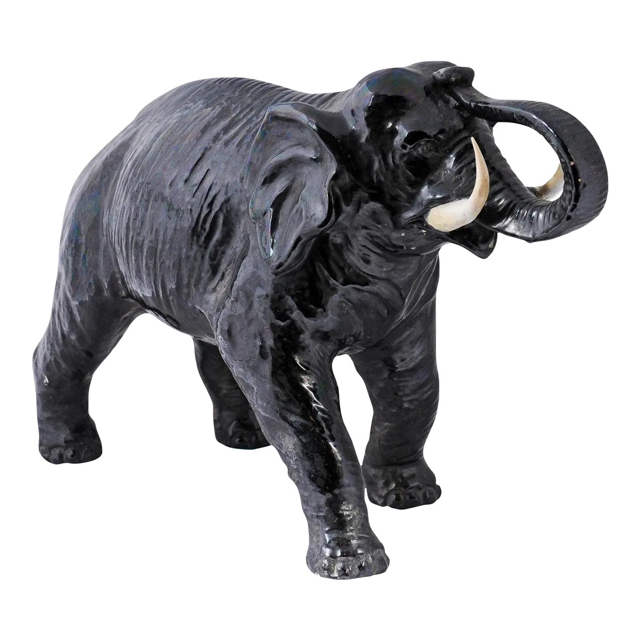 Vintage Italian Black Glazed Ceramic Sculpture of a Walking Elephant ...