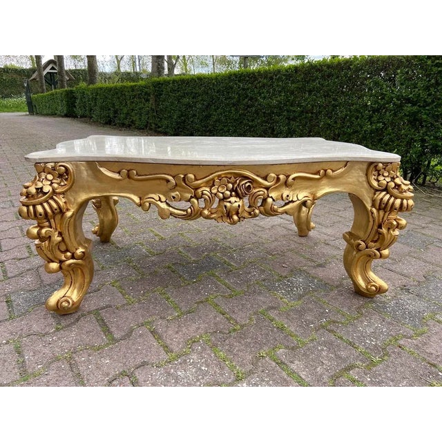 1940s Vintage Italian Baroque Coffee Table With Beige Marble Top | Chairish