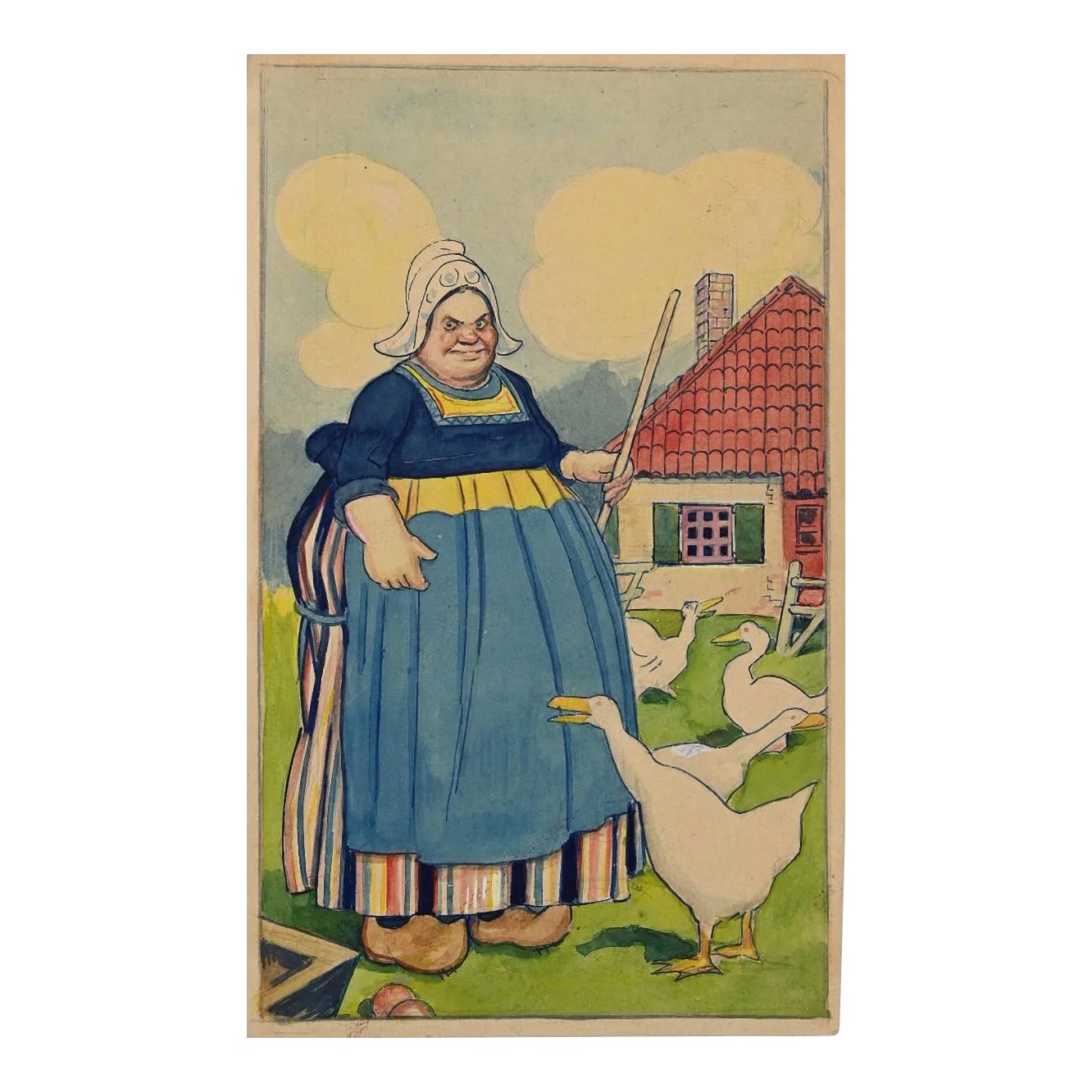Peasant Woman with Geese, Original Drawing by Gabriele Galantara, 1915 ...