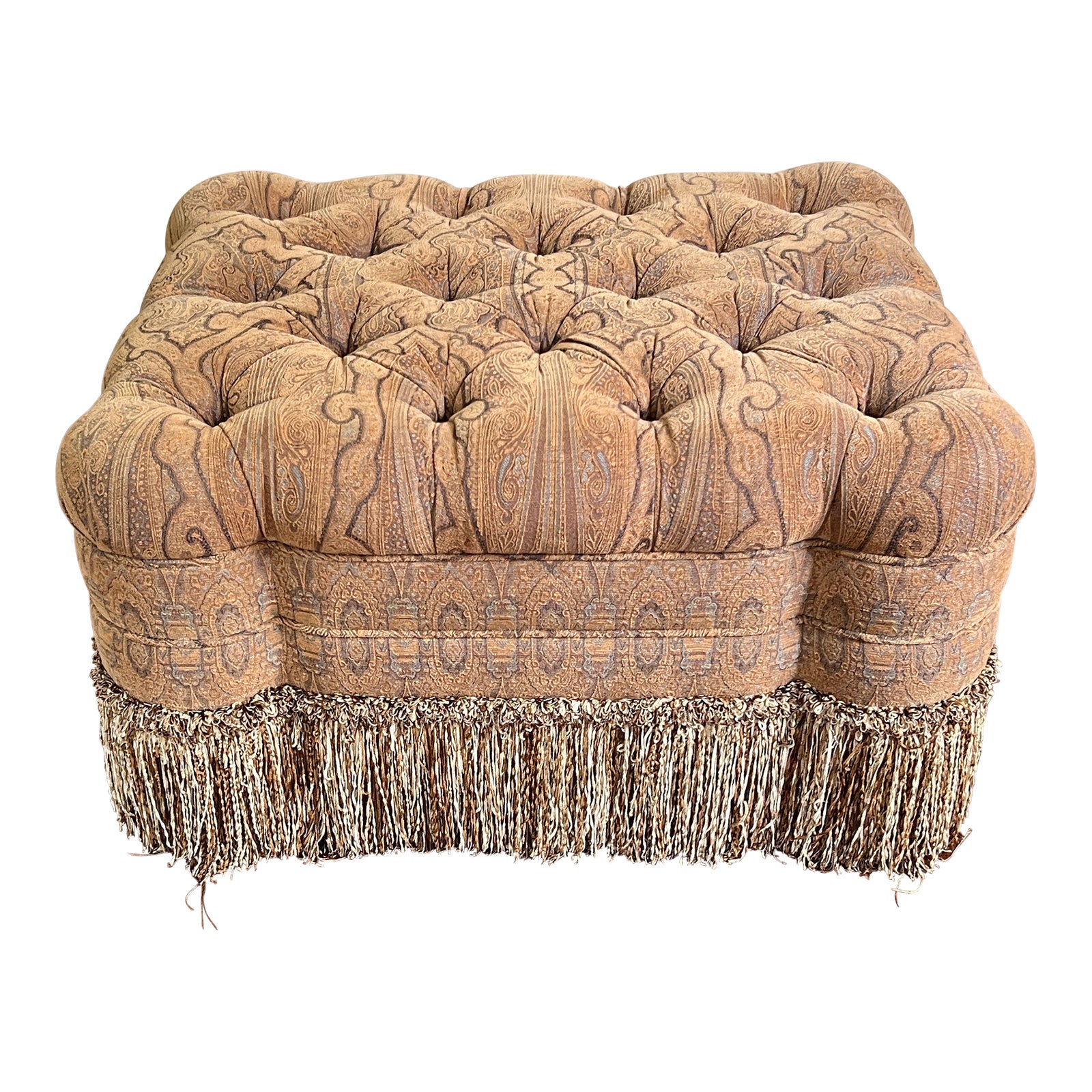 Late 20th Century Custom Tufted Ottoman With Bullion Fringe | Chairish