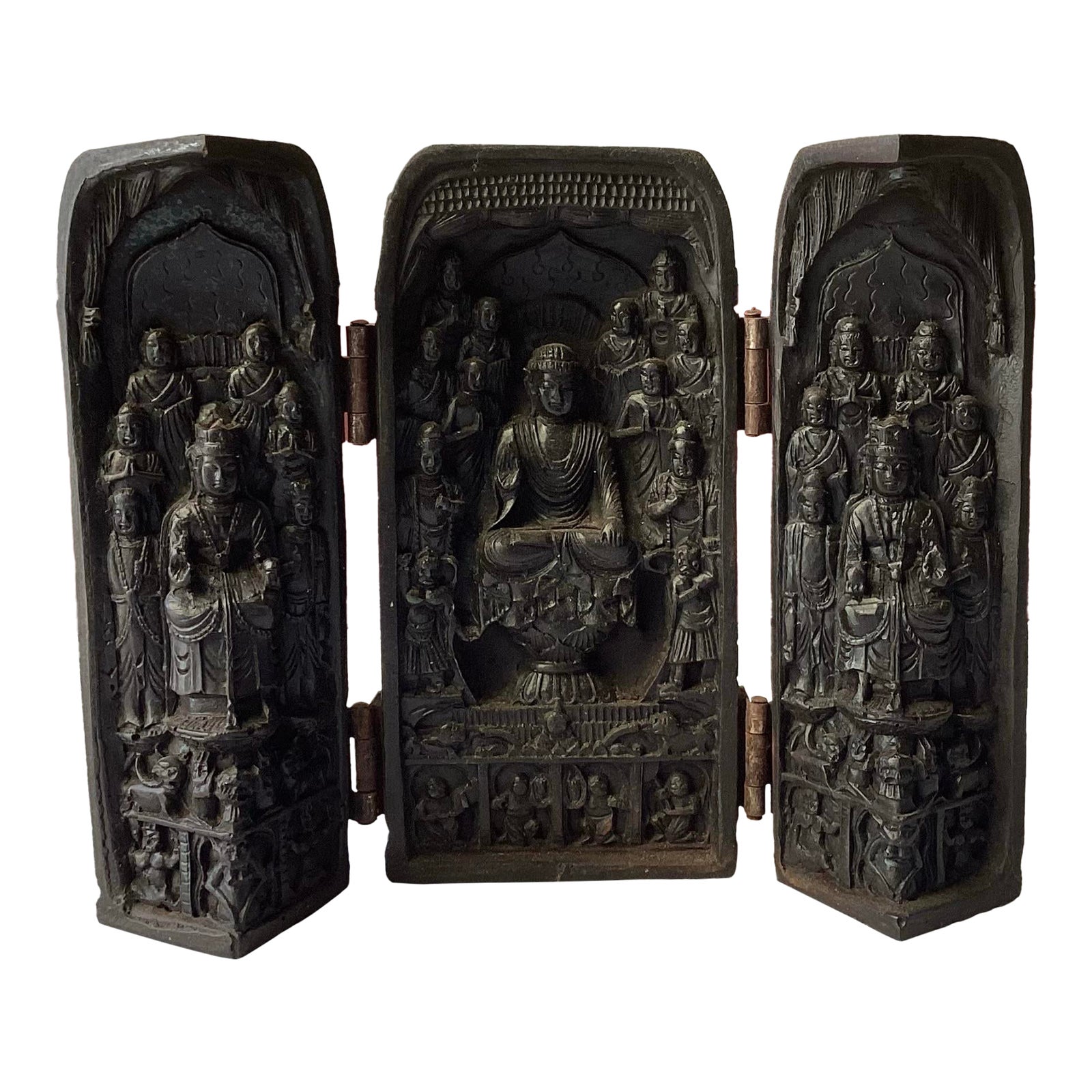 Antique Chinese Buddhist Carved Wooden Travel Triptych – Highly ...