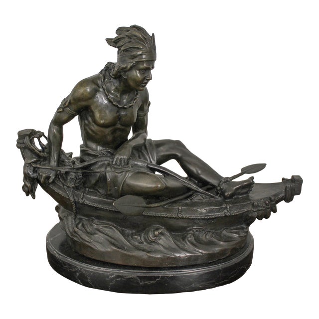 Bronze Native American Indian Brave in Canoe Sculpture | Chairish