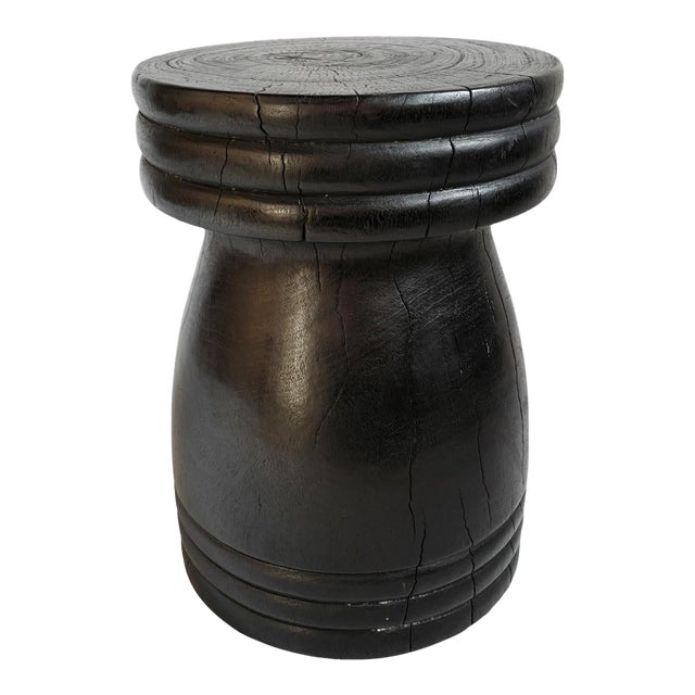 Ebony Cork Teak Wood Round Side Table | Chairish