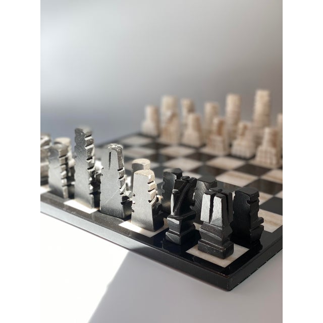 MCM Marble Chess Set / Black and White With Aztec Style Carved Pieces ...