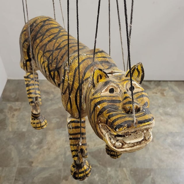 Antique Burmese Asian Wood Tiger Marionette Puppet | Chairish