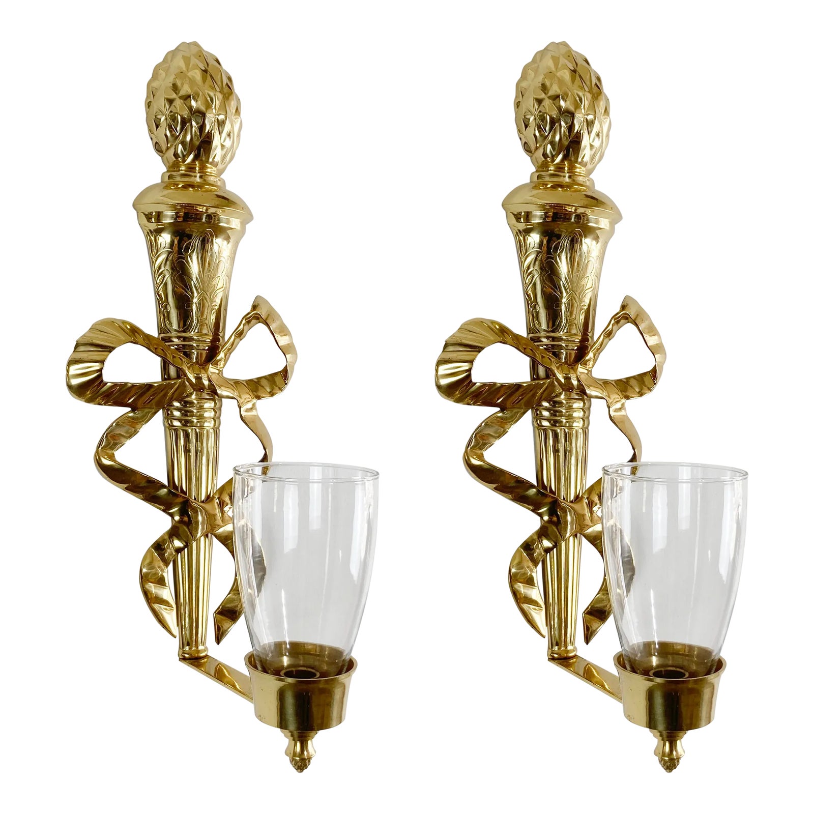 Large Vintage Brass Ribbon Torch Wall Candle Sconces, a Pair | Chairish