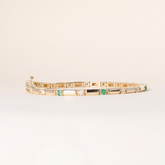 Vintage 14k Gold 1.2 Carats Emerald and Diamond Line Bracelet | Chairish