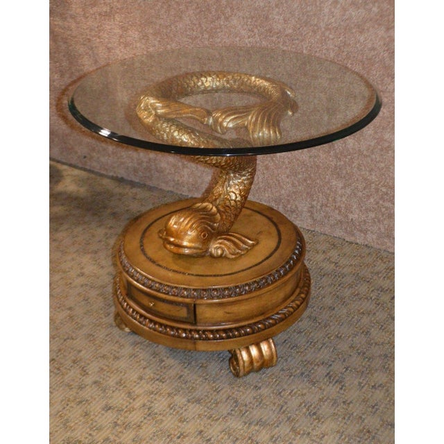 Carved Dragonfish Glass Top Accent Table | Chairish