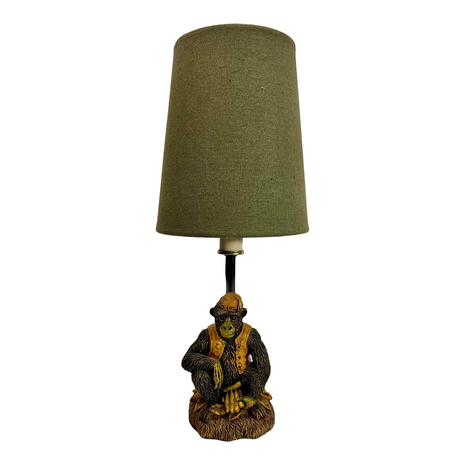 Vintage Monkey Wearing Fez Accent Lamp With Green Shade | Chairish