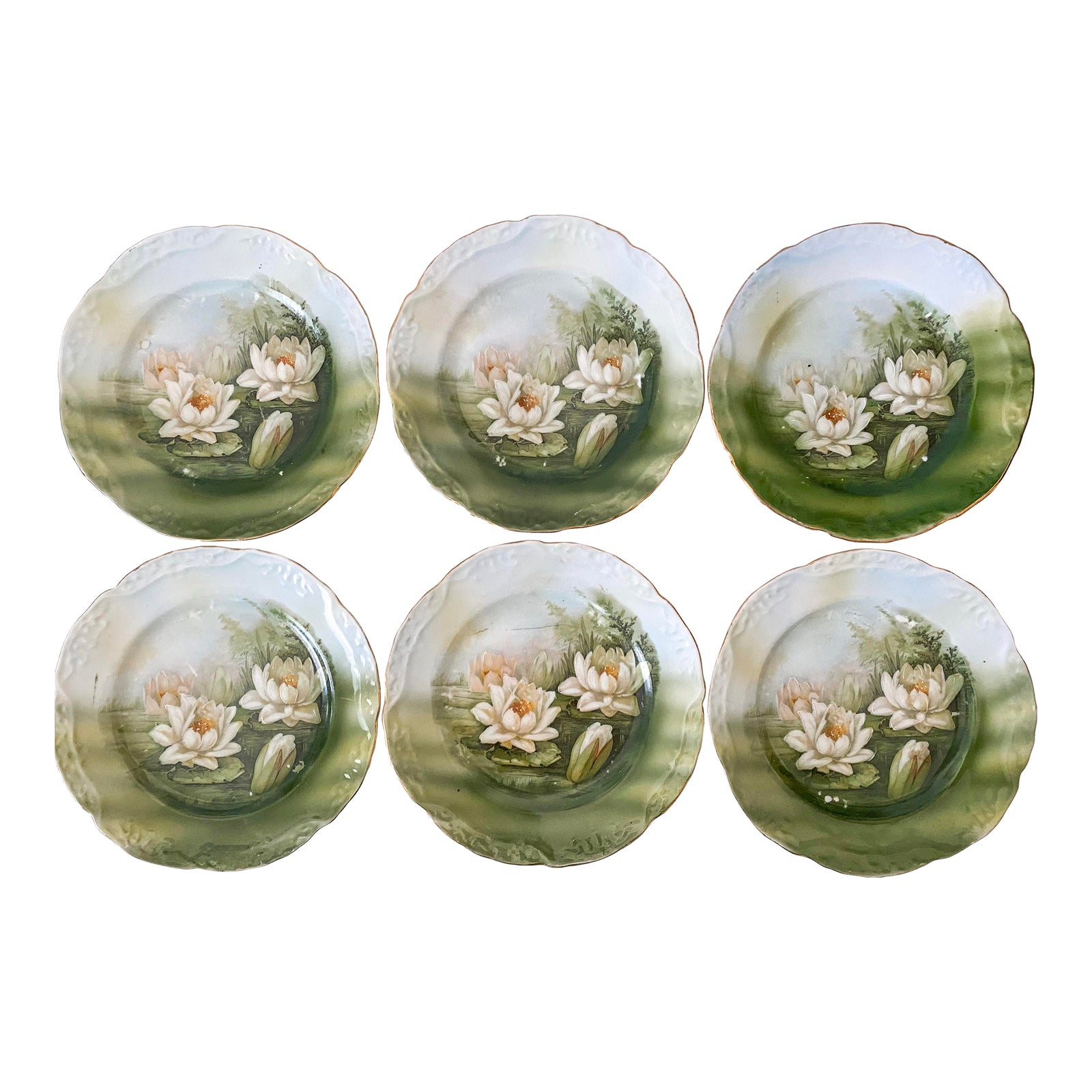 Early 1900s Set of 6 Hand Painted Water Lily Salad, Bread, or Dessert ...