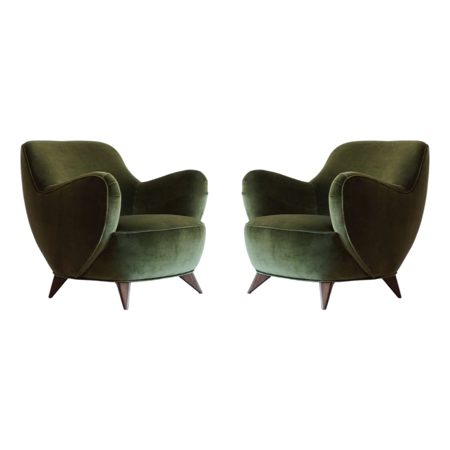 Vladimir Kagan Barrel Lounge Chairs in Olive Green Velvet and Walnut ...