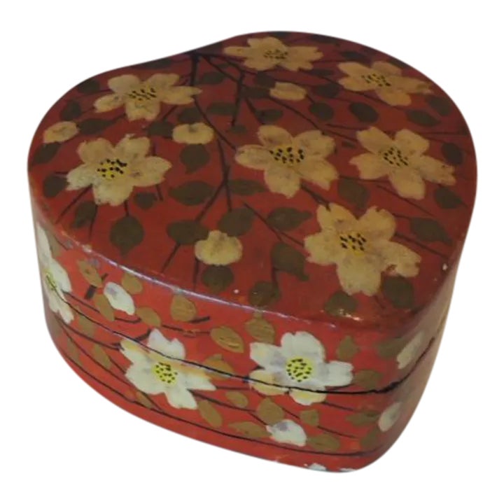 Vintage Small Orange Lacquered Hand Painted Heart Shape Thinker Box ...