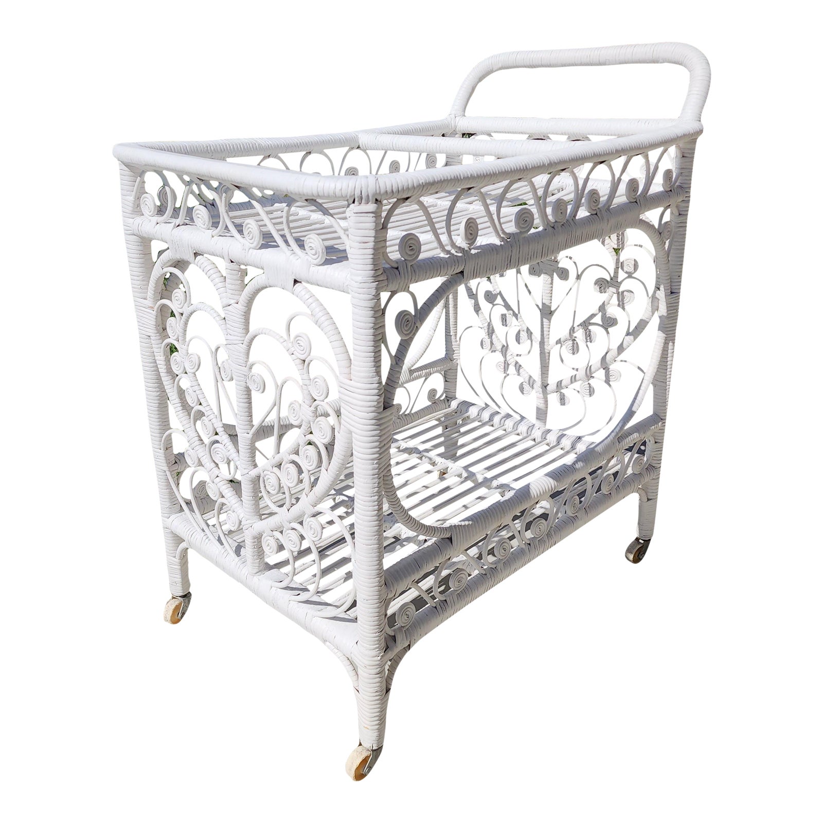 Mid Century Fiddlehead White Rattan Bar Cart | Chairish