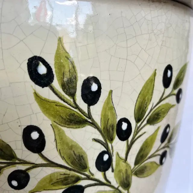 1990s Large Italian Hand-Painted Ceramic Urn With Lid - Olive Flower ...