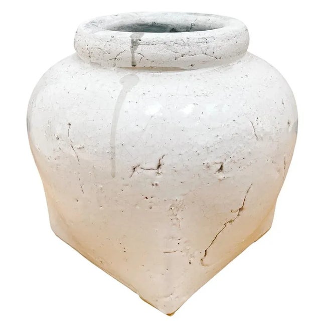 White Distressed Glazed Clay Vases - a Pair | Chairish