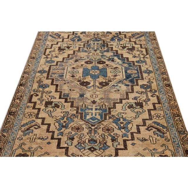 1960s Vintage Persian Distressed Handmade Geometric Tan Wool Rug | Chairish