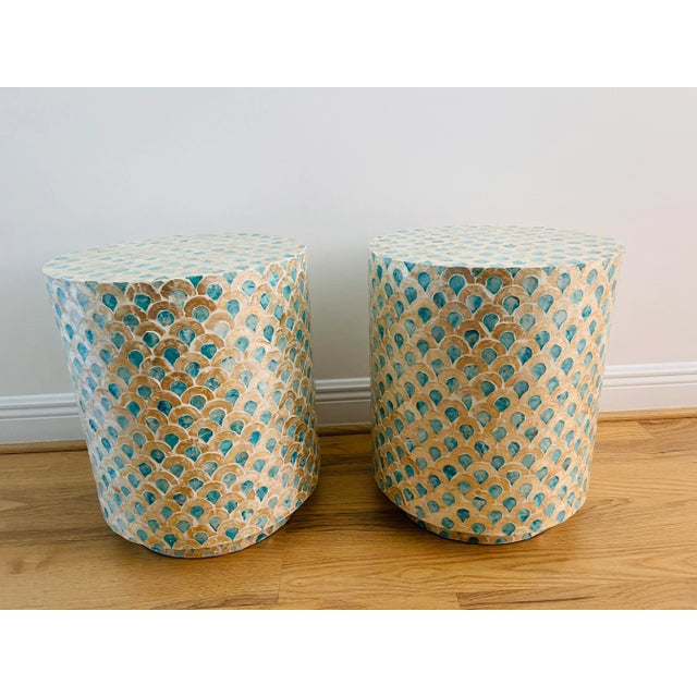 Pair of Capis Shells Peacock Round Side Tables | Chairish