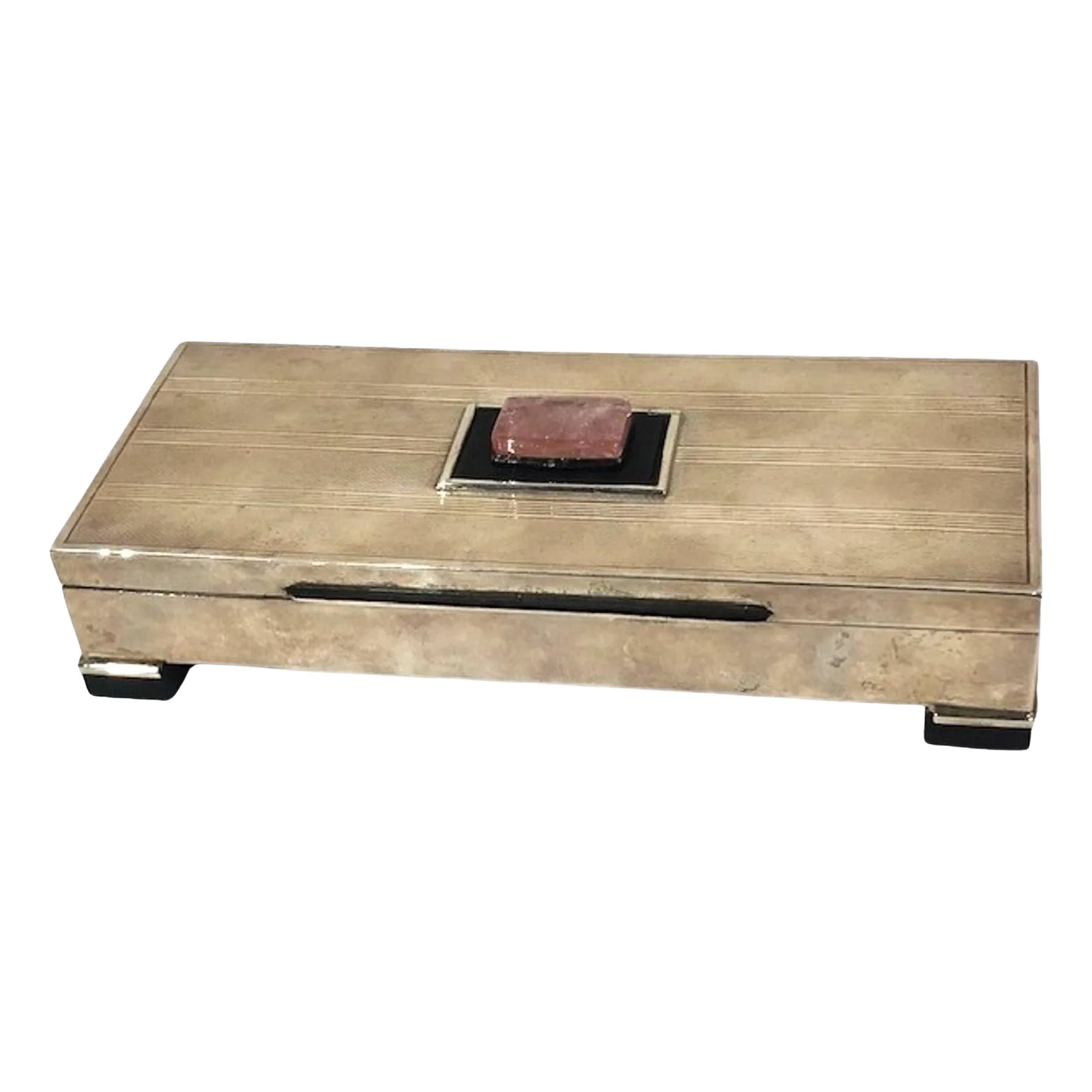 English Art Deco Silver, Quartz, Onyx & Wood Table Cigarette Box, Ca ...