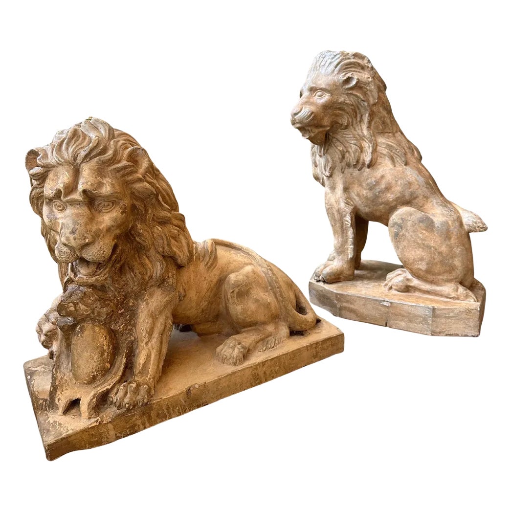 Antique Terracotta Lion Sculptures, 1880s, Set of 2 | Chairish