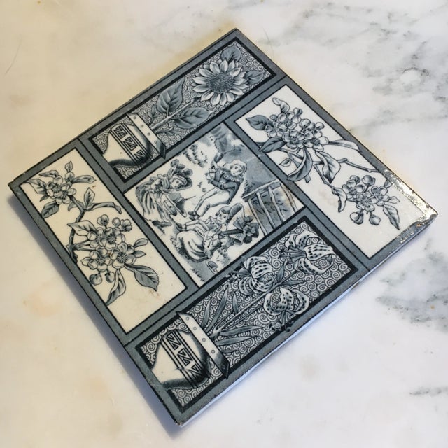 1881 Teal Aesthetic Movement Tile Picnic & Flowers by Kate Greenaway ...