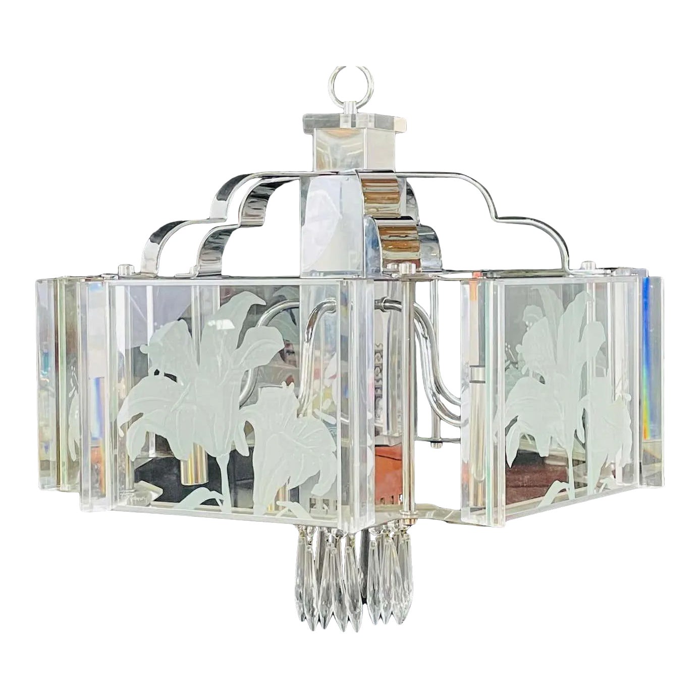 Frederick Ramond Art Deco Style Glass and Chrome Chandelier or Pendant ...