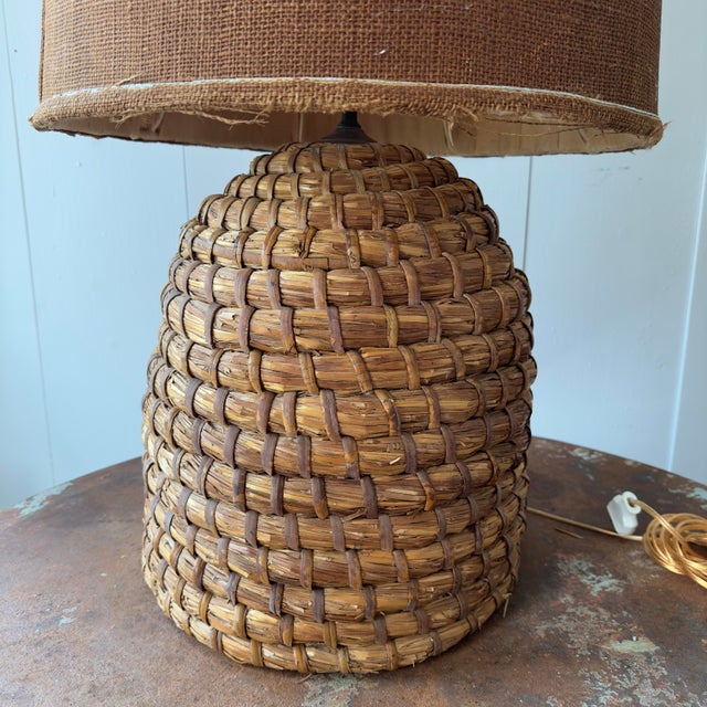 1960s Beehive Table Lamp With Burlap Shade | Chairish