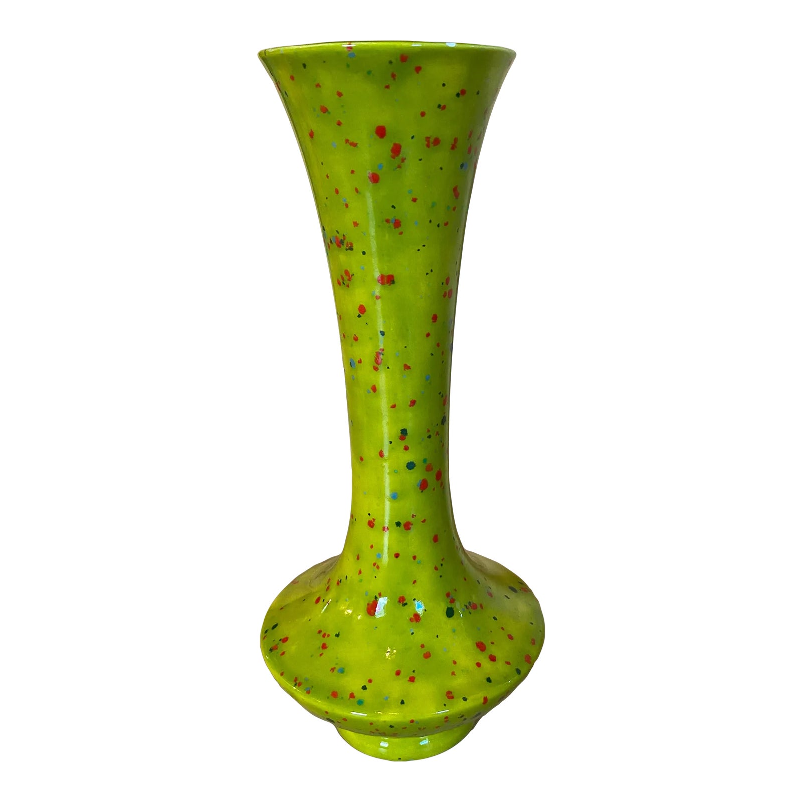 1972 Signed Atomic Glazed Neon Lime Green Speckled Ceramic Vase | Chairish