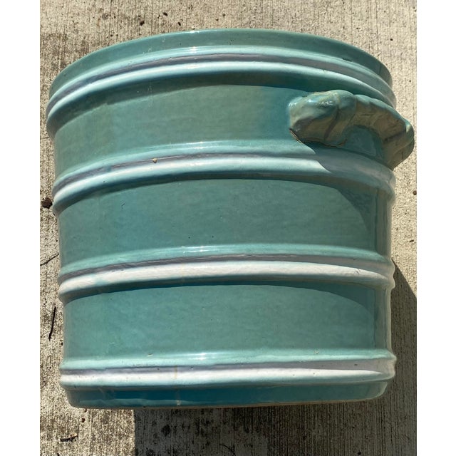 Mid Century Round Aqua Planter with Raised White Stripes | Chairish