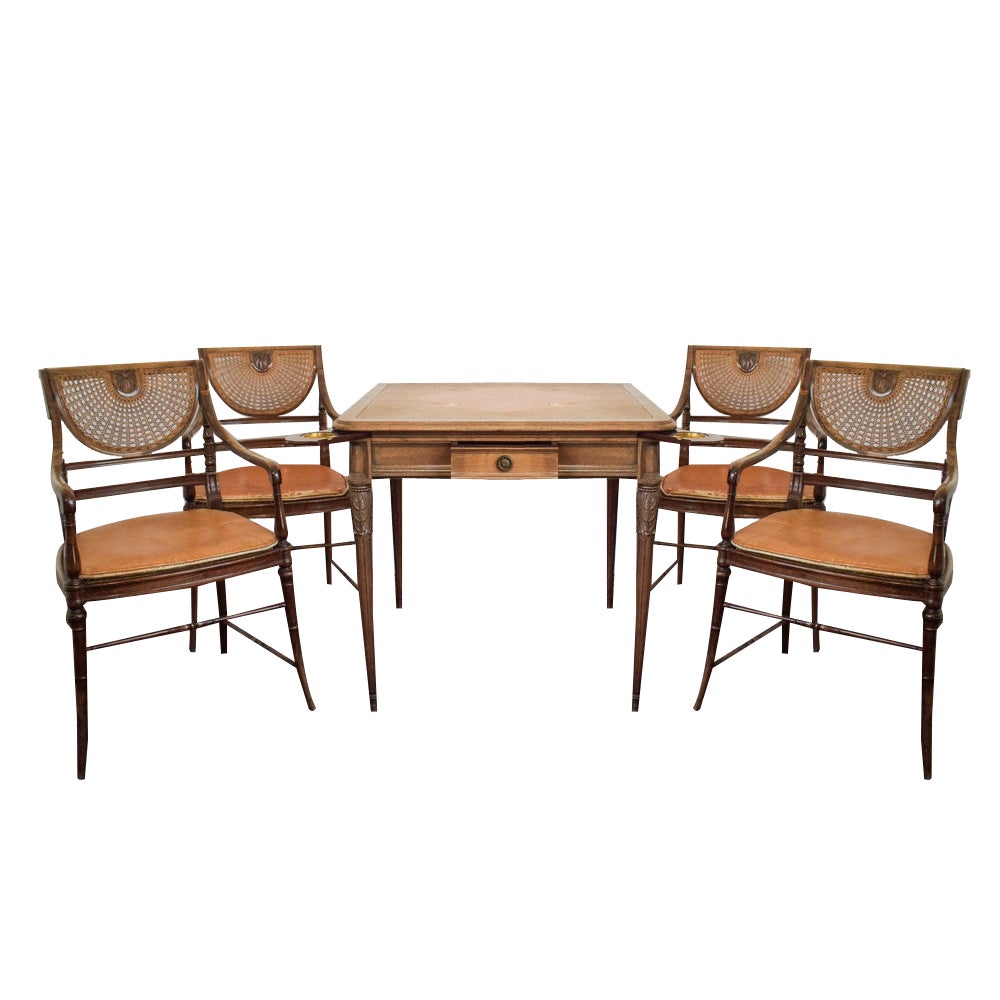 Vintage Games Table with Bergere Chairs, 1940s, Set of 5 | Chairish