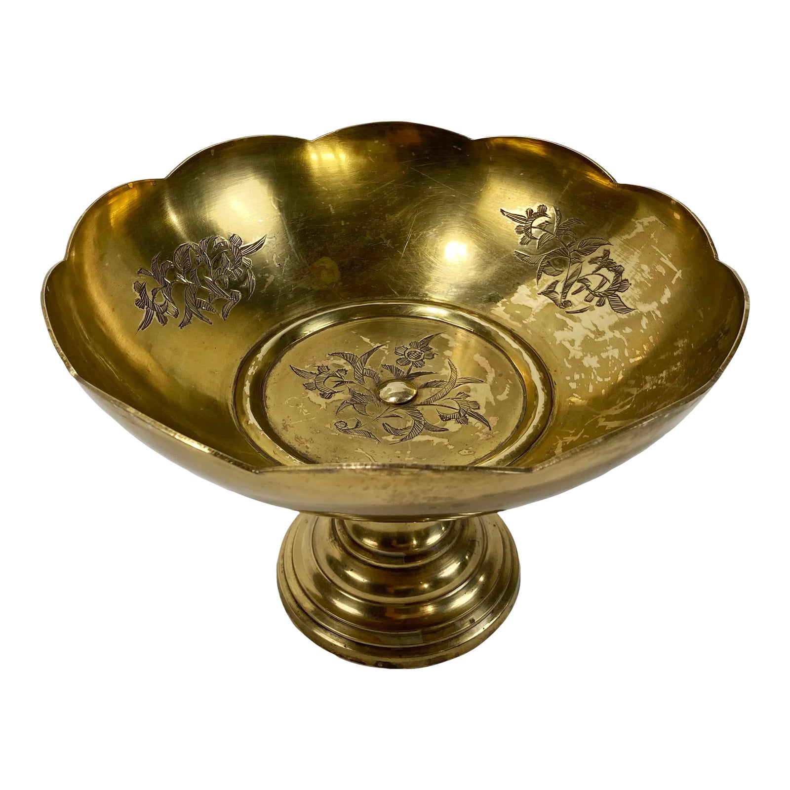 Vintage Scalloped Brass Compote on Pedestal | Chairish