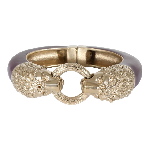 Chanel Lion Head Purple Enamel Gold Tone Cuff Bracelet | Chairish