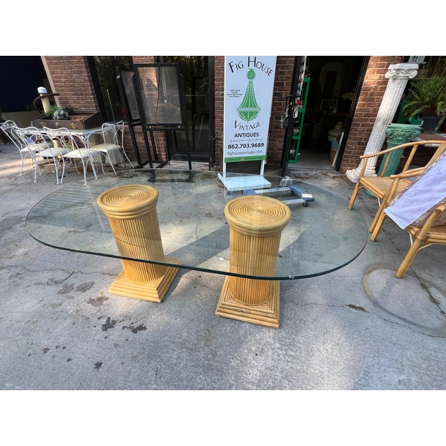 1970s Bamboo Reed Dining Table With Double Pedestal Base and Glass ...