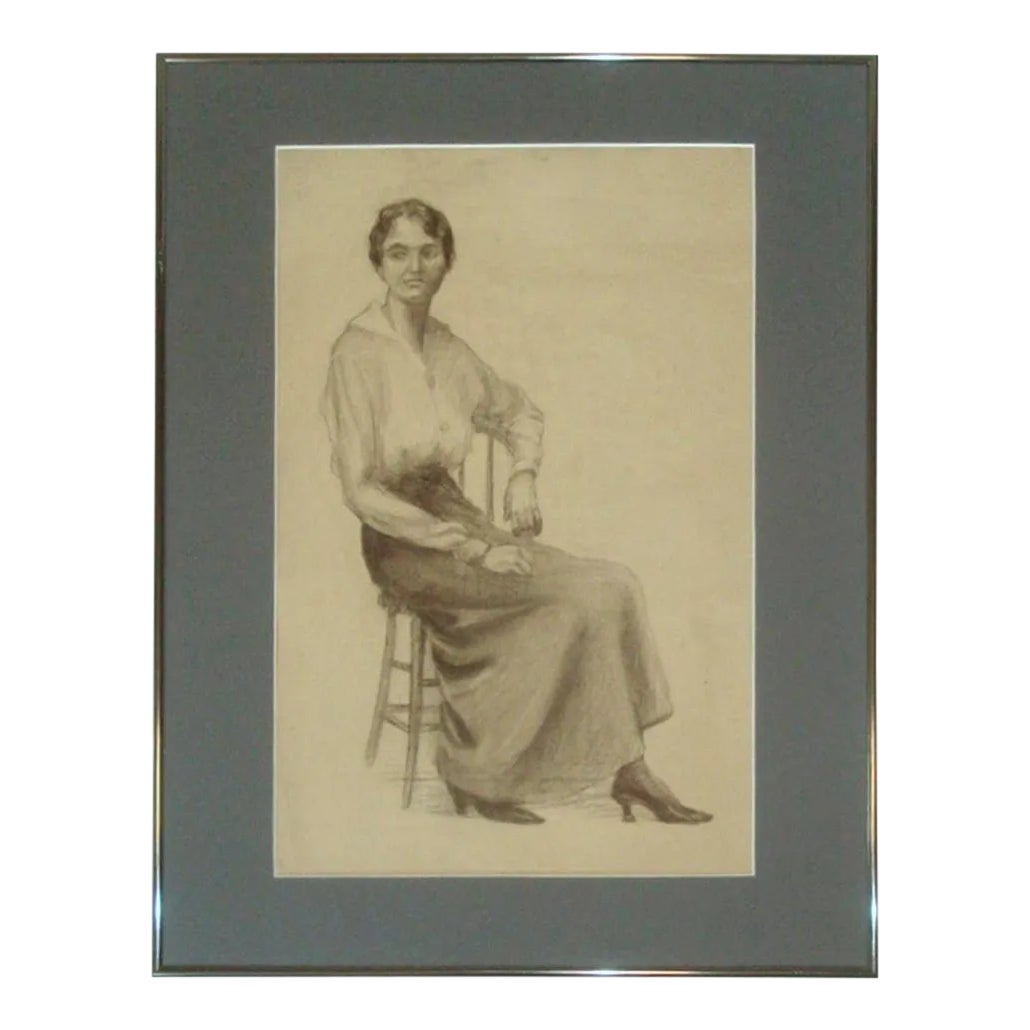 1920s Charcoal Portrait Drawing of Woman | Chairish