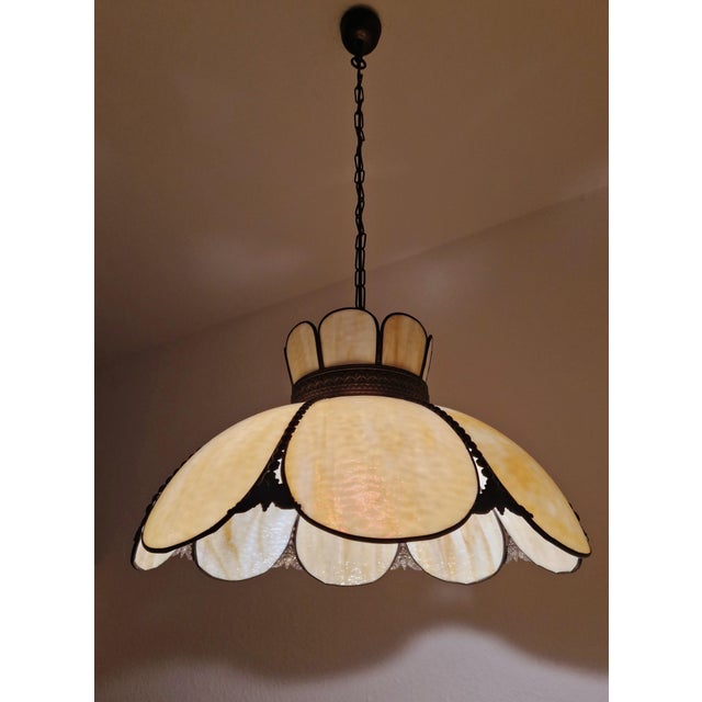 Vintage Tiffany Style Beige Pendant Lamp, Mid-Century Handmade Stained ...