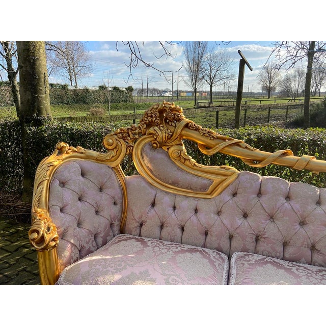 Handcrafted Late 20th Century Rococo Settee in Pink Damask With Gold ...