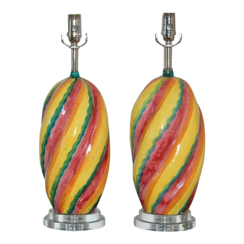 Vintage Ceramic Striped Deruta Lamps | Chairish