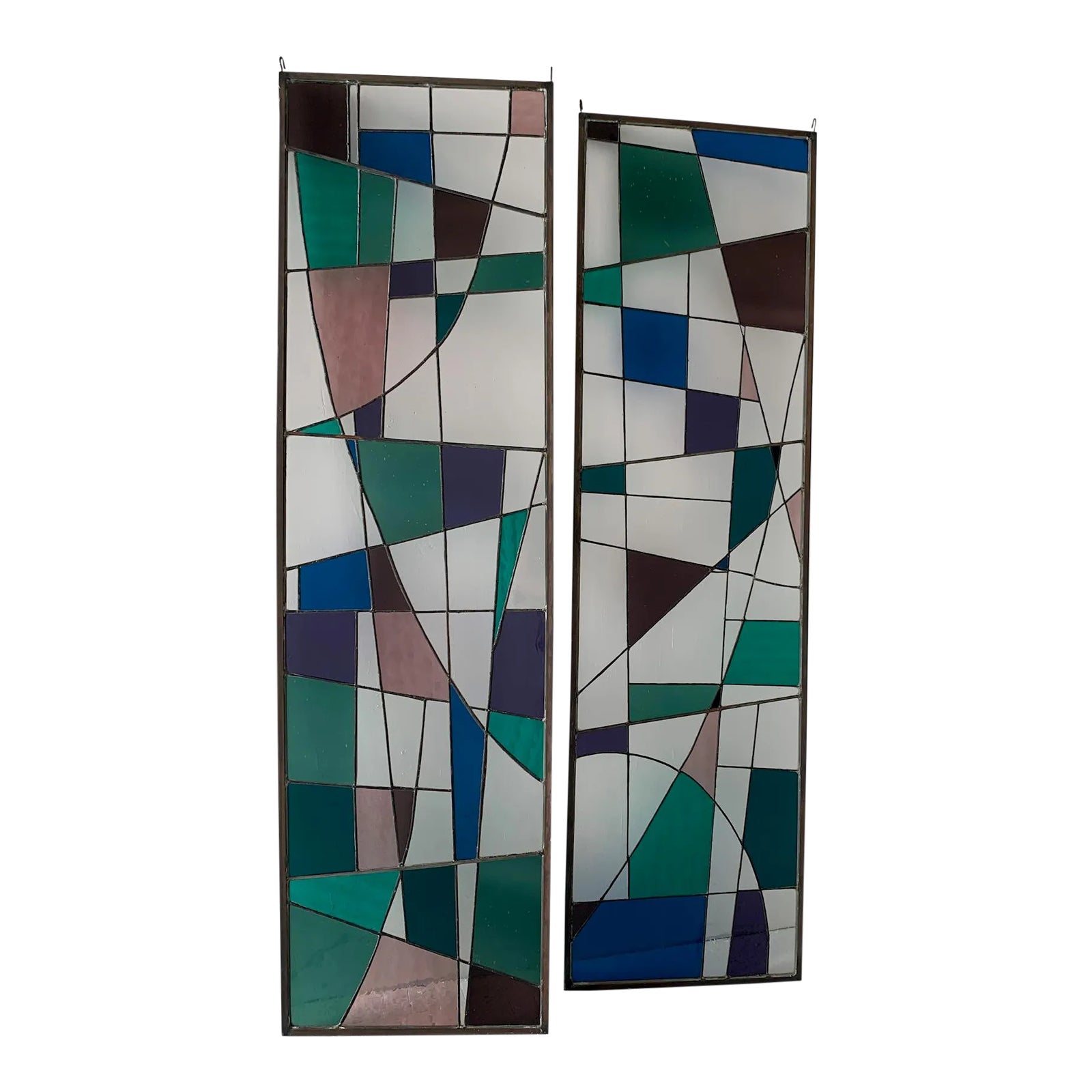 Mid Century Geometric Abstract Stained Glass Panels - a Pair | Chairish