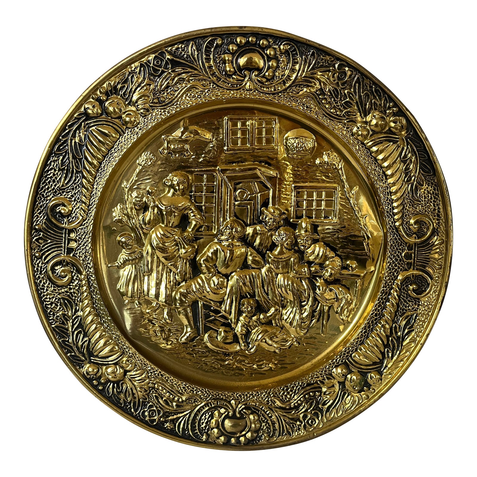 Vintage English Embossed Brass Plate - Colonial Family Scene | Chairish